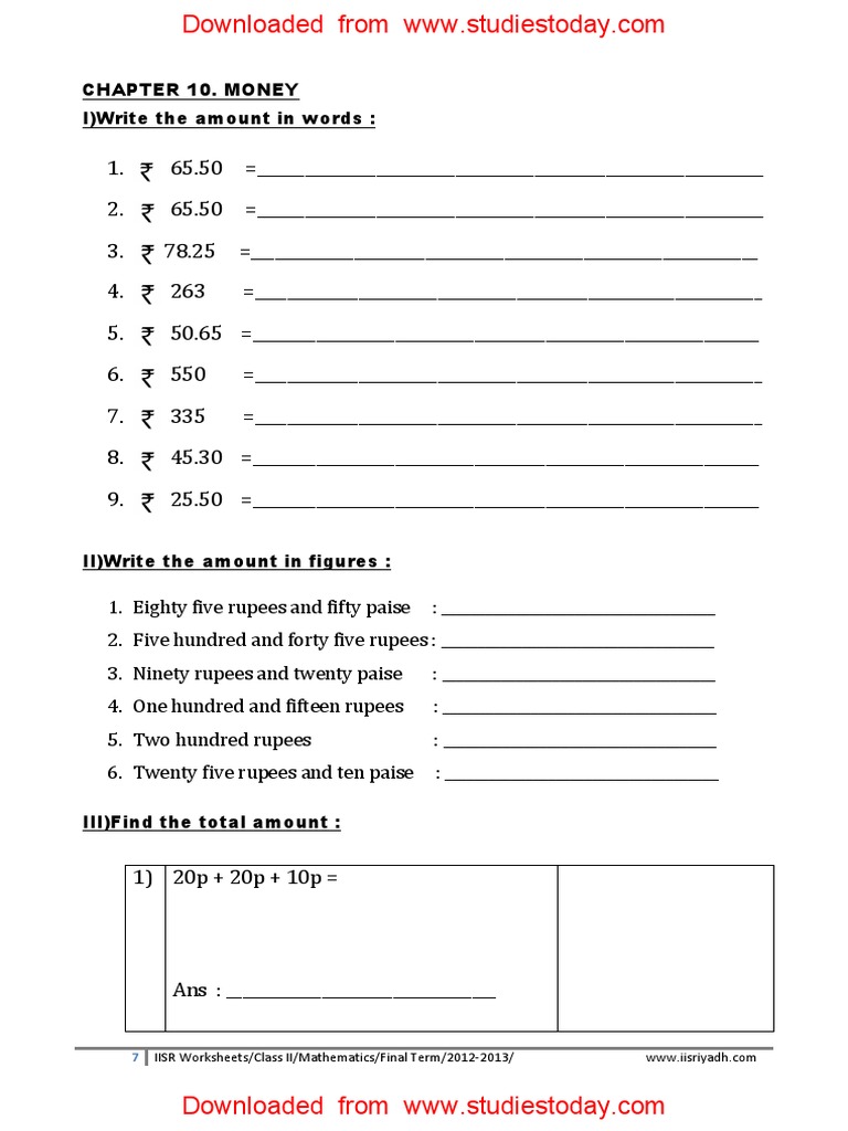 CBSE Class 2 Maths Practice Worksheets (123) - Money PDF | PDF ...