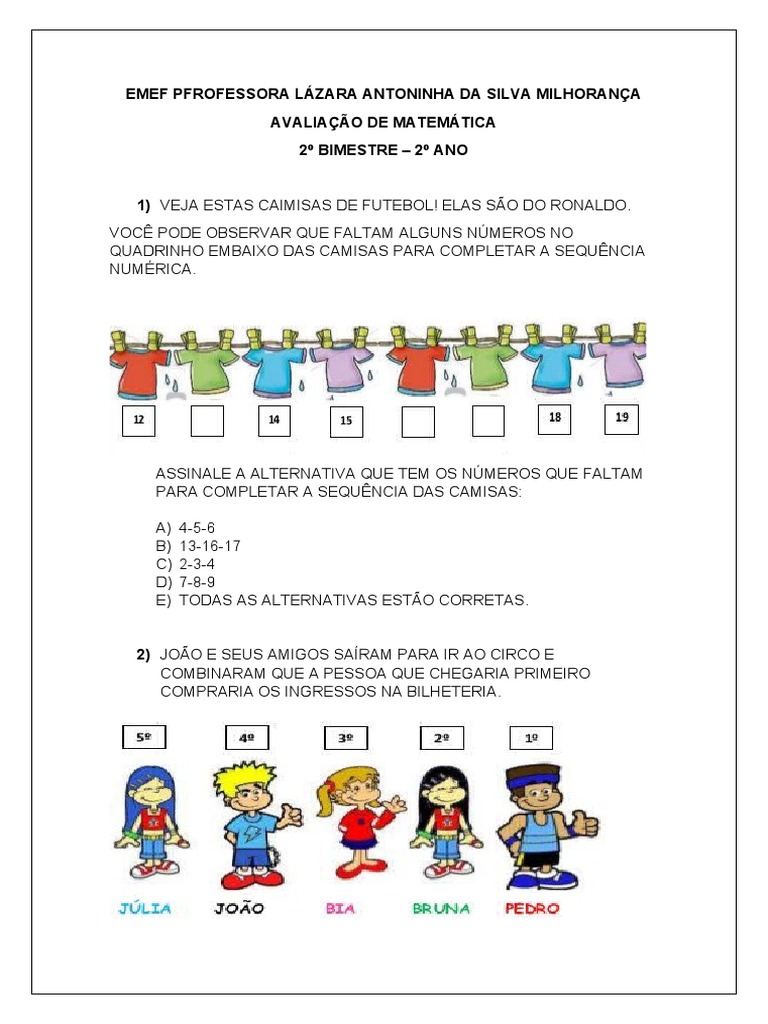 Matemática Avaliação 2 Bimestre Pdf