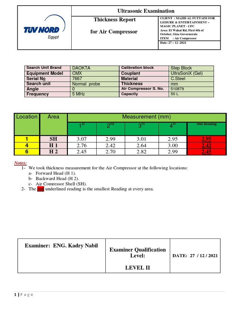 Ultrasonic Thickness Report for Air Compressor | PDF