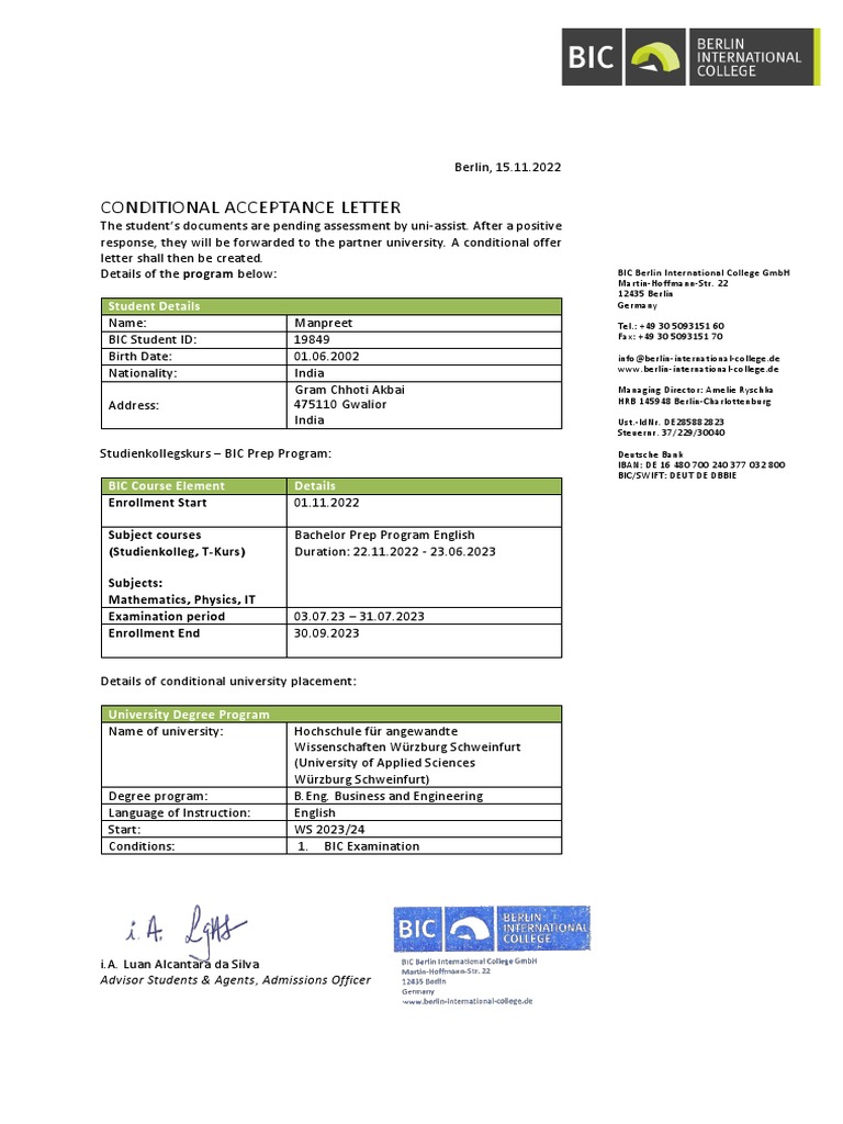 Conditional Offer of Admission to University Program After Completion ...