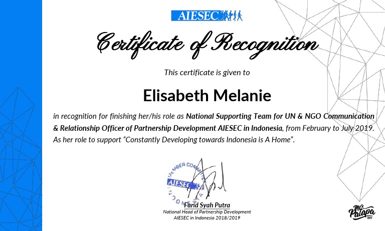 NST Certificate 2018-2019 - AIESEC Indonesia - Melanie | PDF