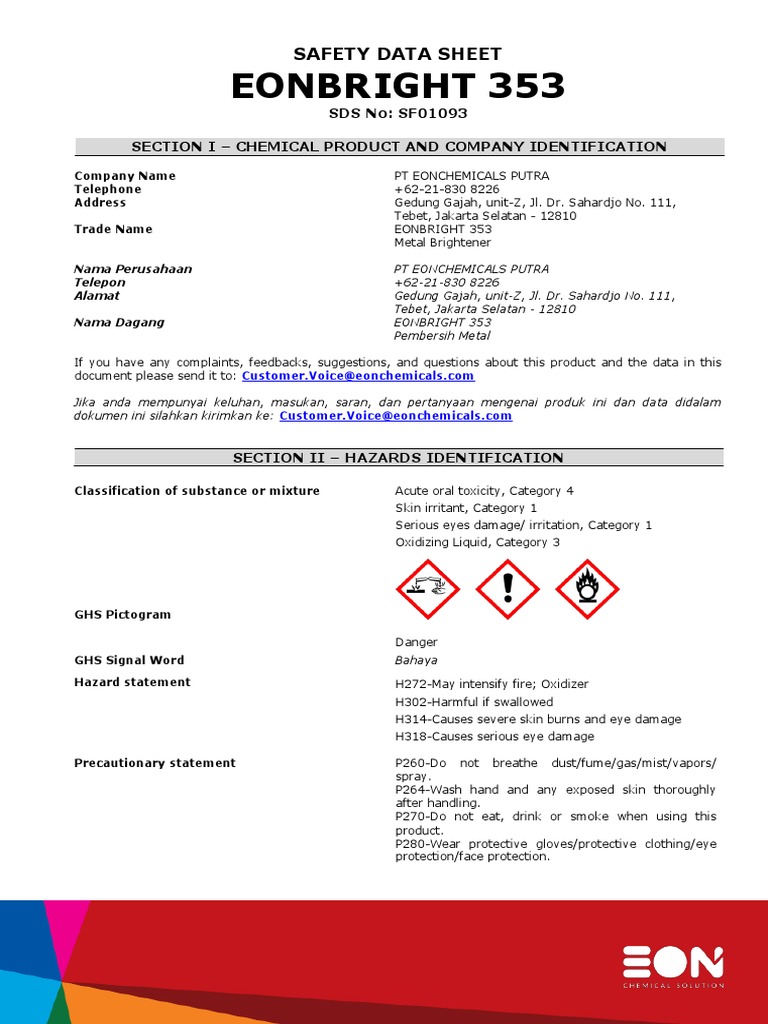 Safety Data Sheet Chemical EONBRIGHT353M201 | PDF | Occupational Safety ...