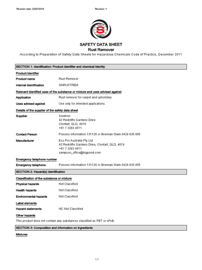 MSDS Rust-Remover-SDS5048 | PDF | Toxicity | Dangerous Goods
