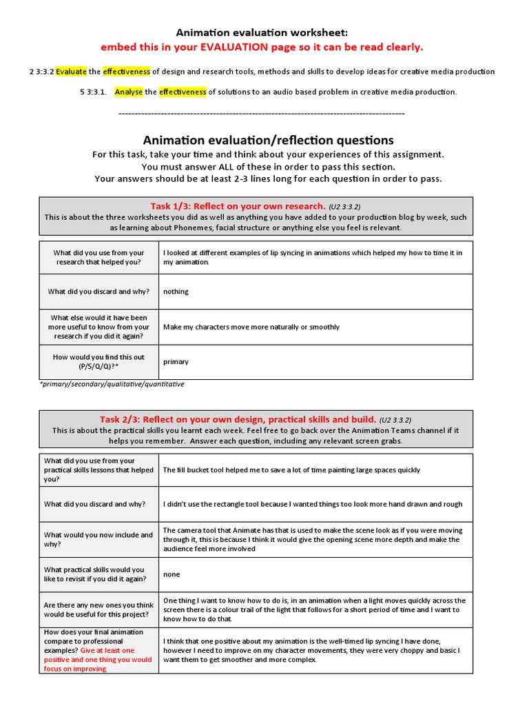 06 Animation Evaluation Worksheet | PDF | Cognition