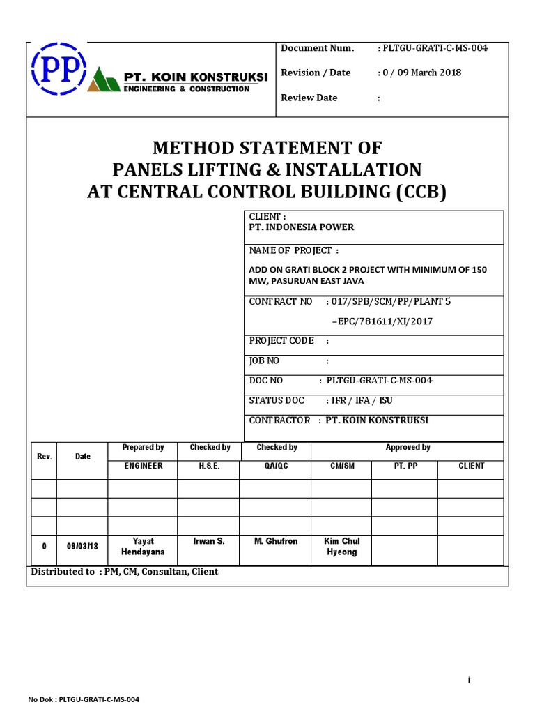 PLTGU-GRATI-V-MS-O4. Methode of Lifting & Installasi Panel Di CCB Room (Bilingual) PDF | PDF ...