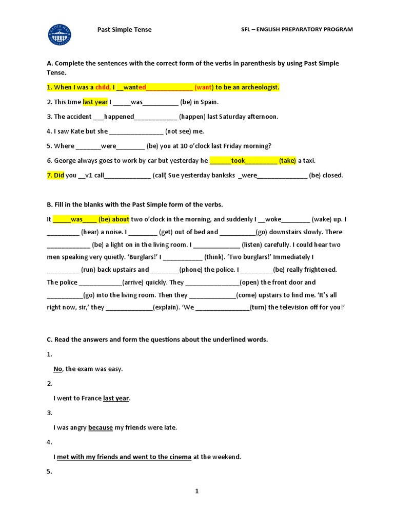 Past Simple Tense Worksheet with Answers | PDF | Linguistics