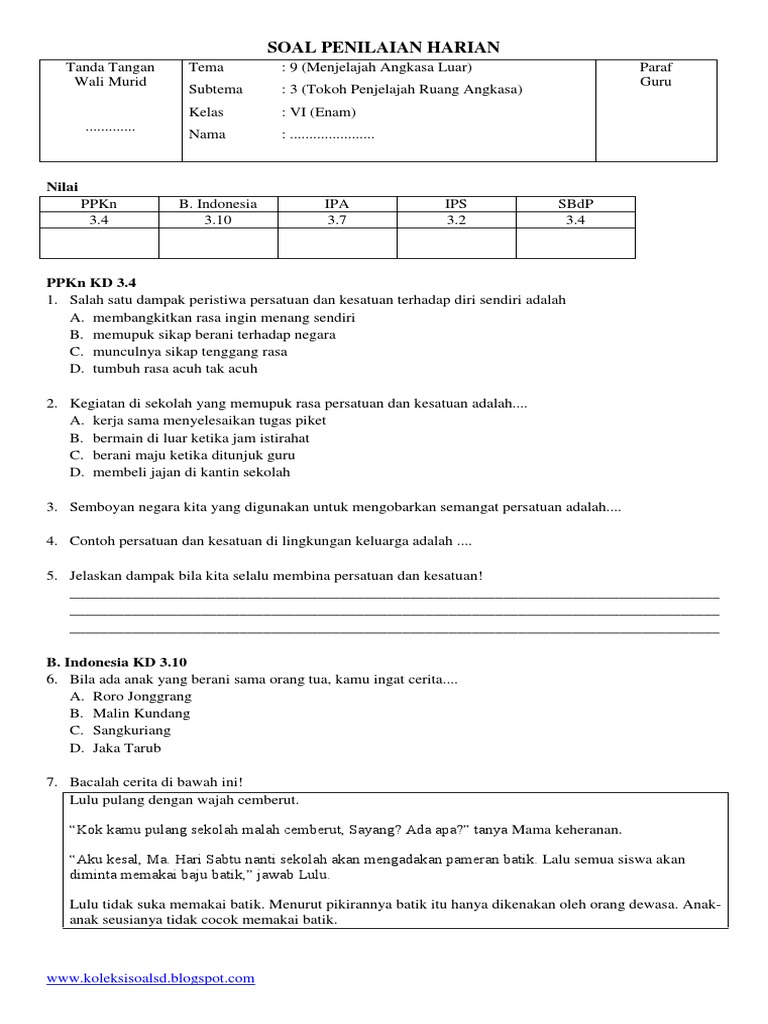 Soal Penilaian Harian Kelas 6 Tema 9 Subtema 3 | PDF | Game & Aktivitas