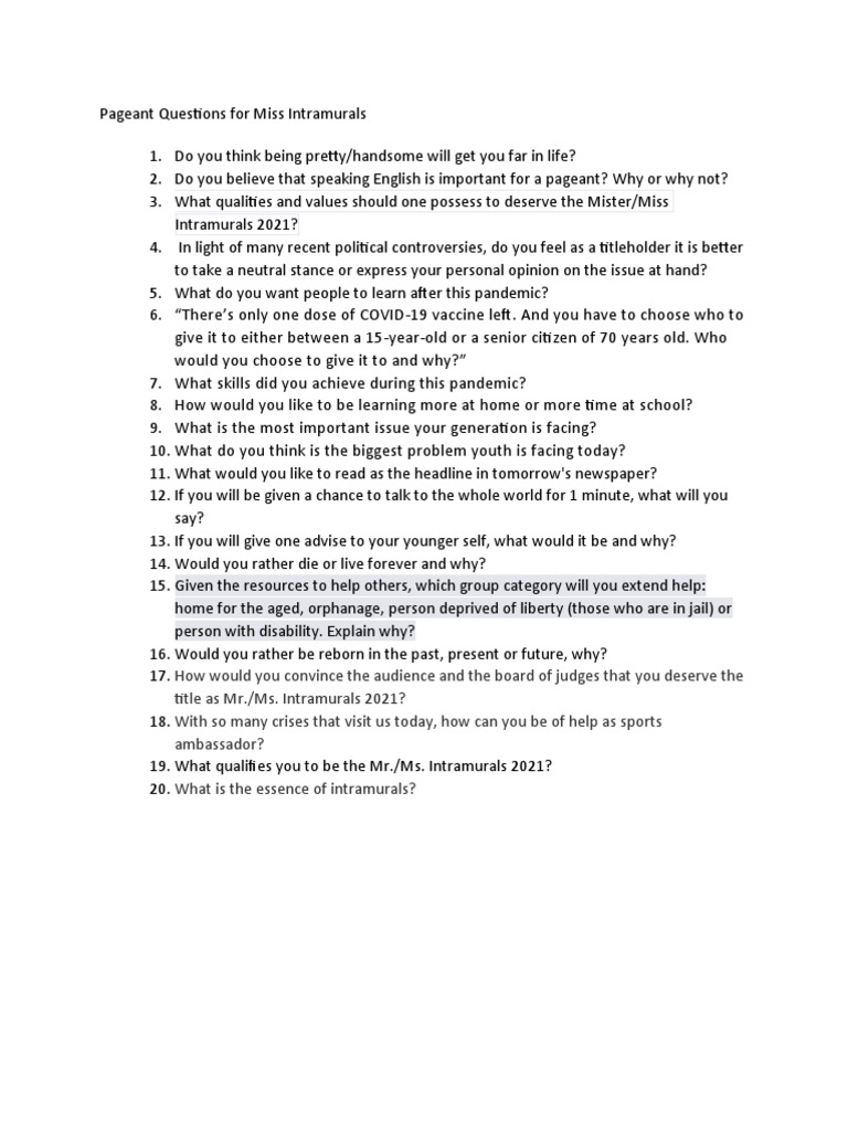 Intramurals Pageant Q&A Guide | PDF | Thought | Psychological Concepts