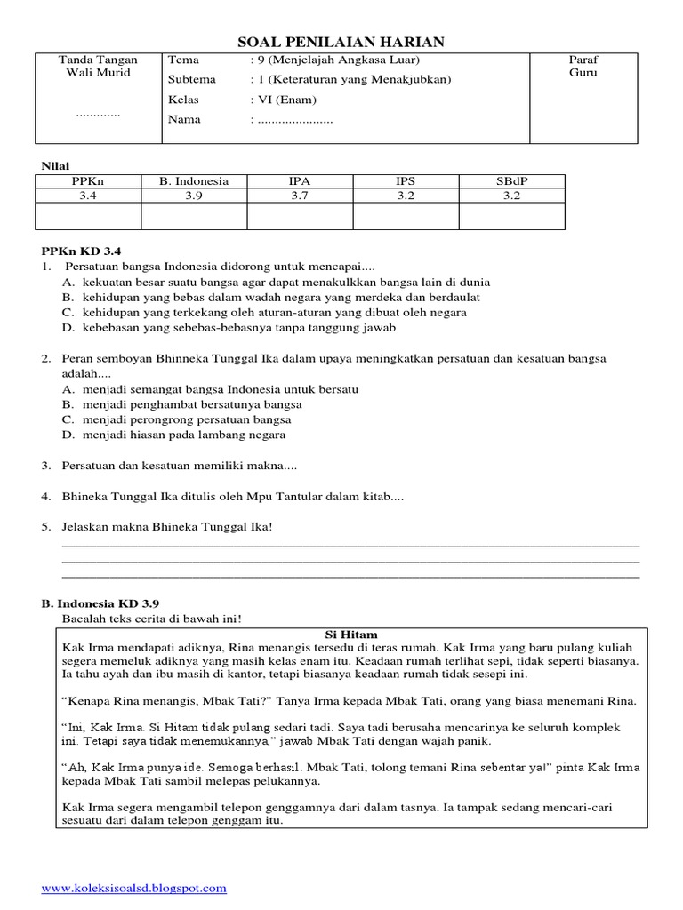 Soal Penilaian Harian Kelas 6 Tema 9 Subtema 1 | PDF