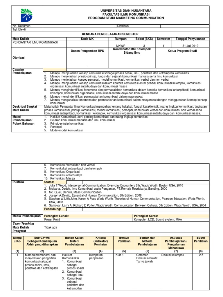 RPS Pengantar Ilmu Komunikasi PDF | PDF | Seni & Disiplin Bahasa | Sains & Matematika