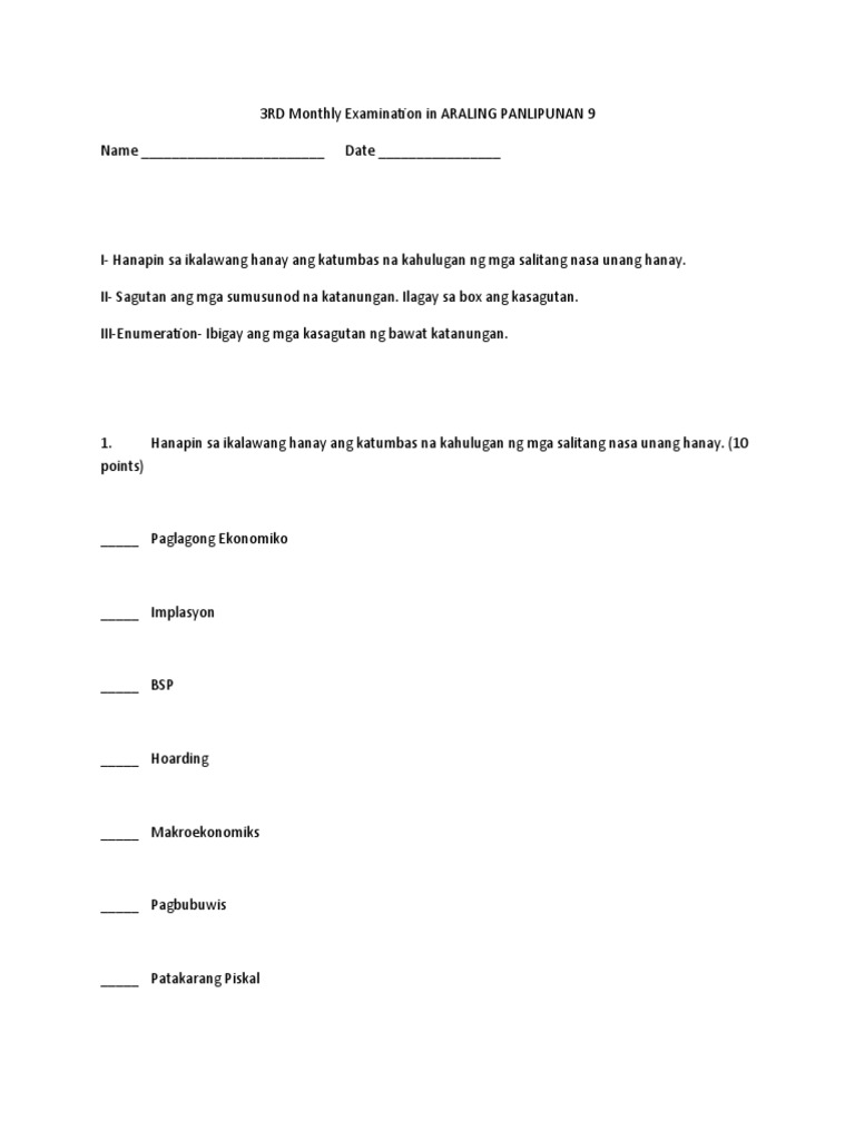 3RD Monthly Examination in ARALING PANLIPUNAN 9 | PDF 3RD Monthly Examination in ARALING PANLIPUNAN 9 | PDF