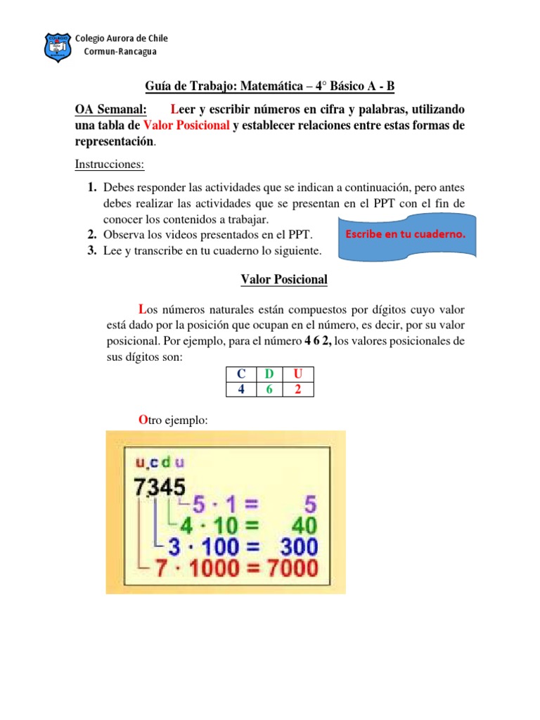 Guía de Matemática 4° Básico: Valor Posicional | PDF | Sustracción ...