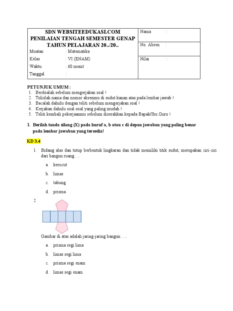 Soal PTS 2 MTK Kelas 6 K13 2023 | PDF