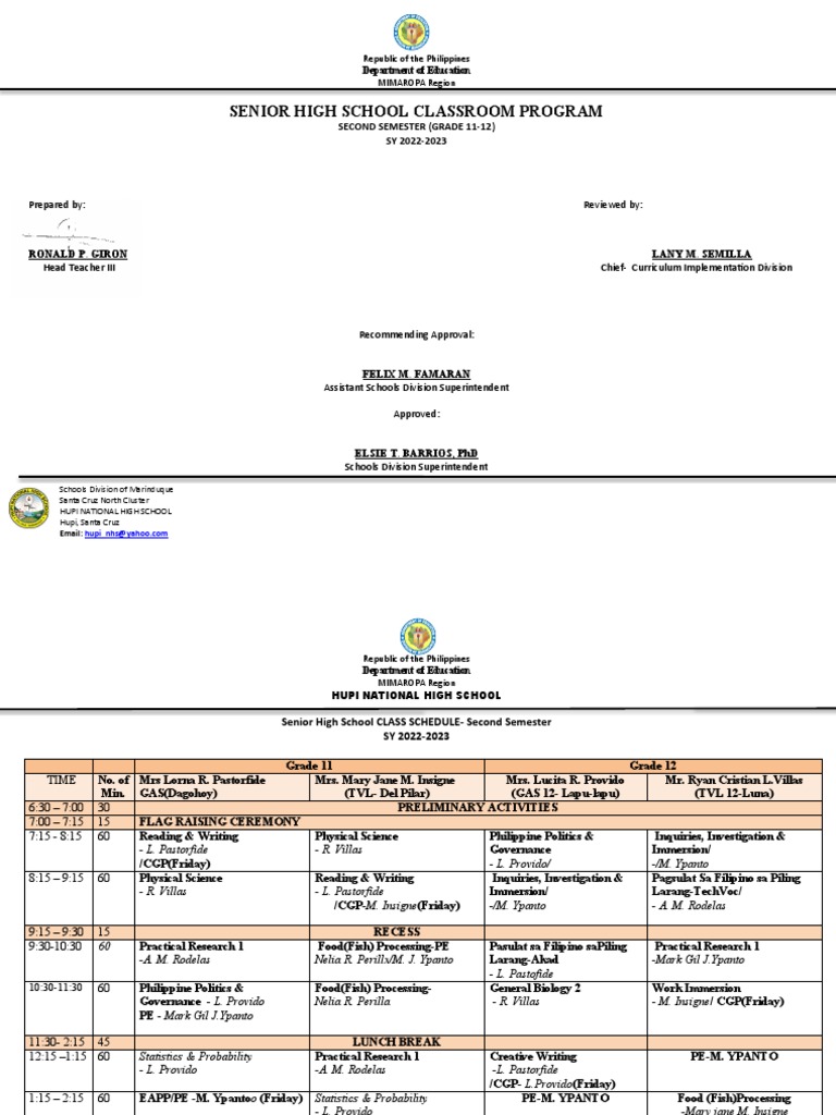 SHS SCHEDULE FINAL2nd SEM | PDF | Philippines