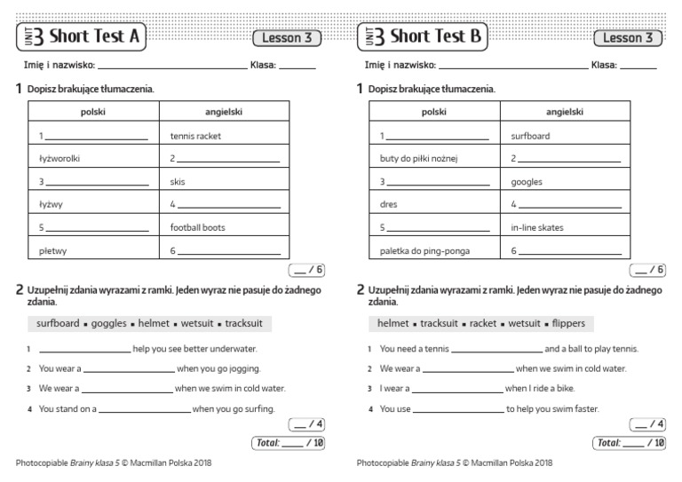 Brainy 5 Short Tests Unit 3 Lesson 3 | PDF