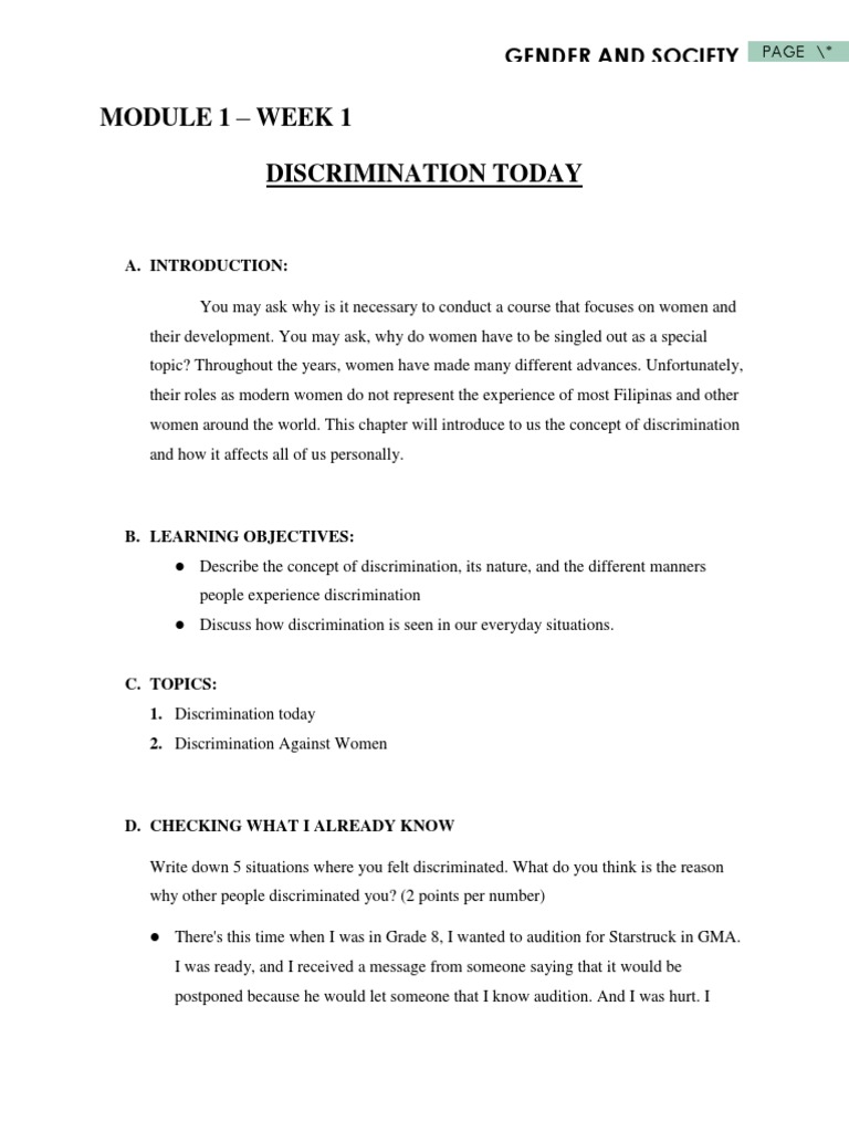Gender and Society - Module 1 | PDF | Woman | Discrimination