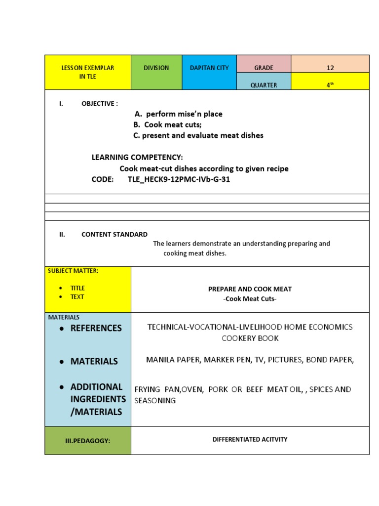 Cook Meat Cuts: Lesson Plan for TLE | PDF