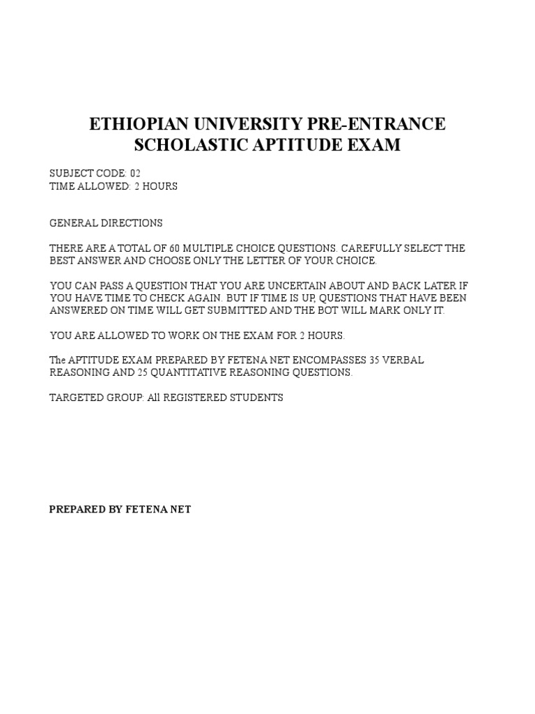Ethiopian University Pre-Entrance Exam Review | PDF | Speed | Criminal ...
