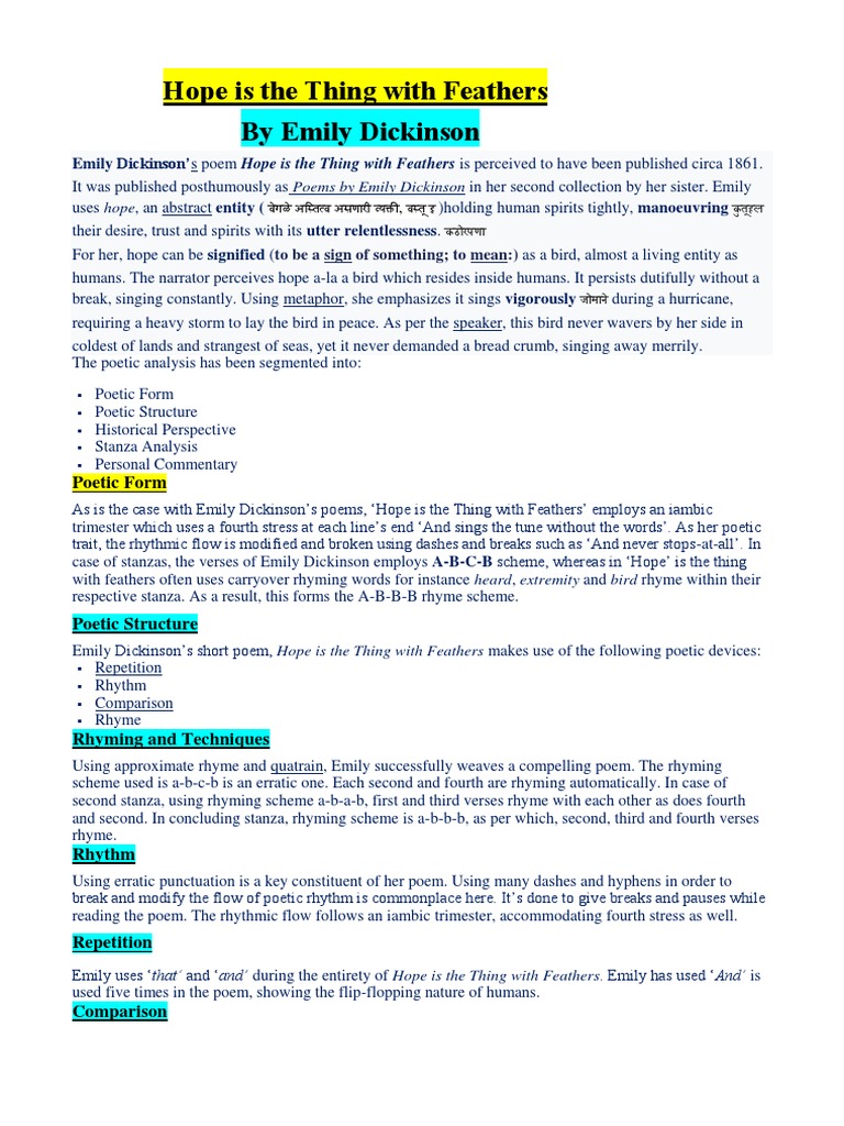 Analysis of Dickinson's Hope Poem | PDF | Poetry | Emily Dickinson