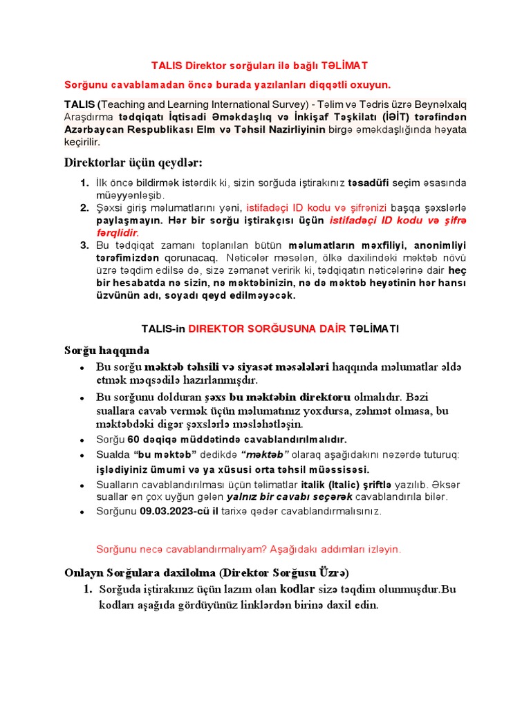 TALIS Direktor Sorğuları Ilə Bağlı TƏLİMAT | PDF