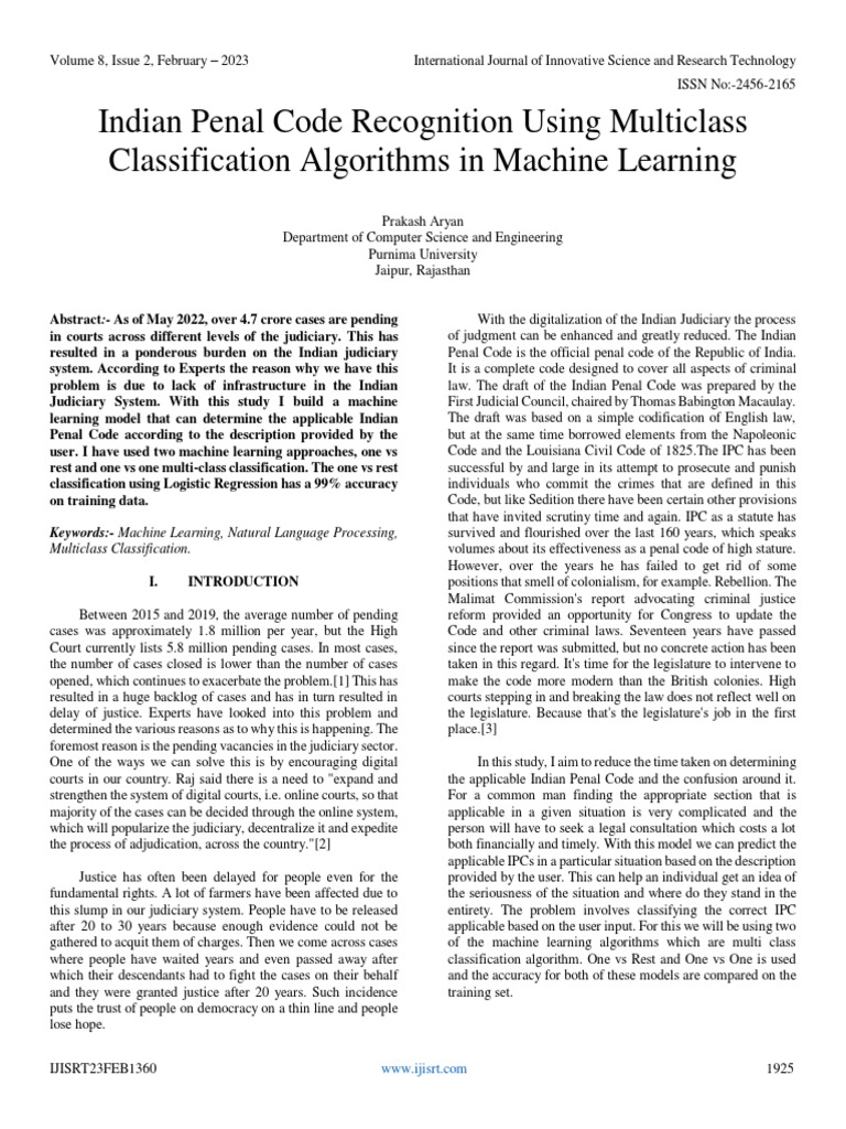 Indian Penal Code Recognition Using Multiclass Classification Algorithms In Machine Learning