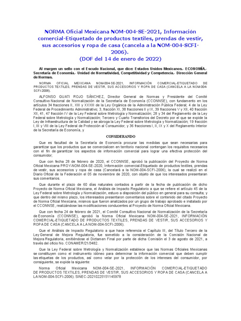 Norma Oficial Mexicana Nom 004 Se 2021 | PDF | Ropa