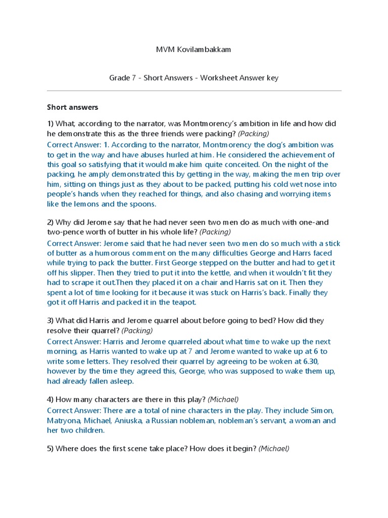 Grade 7 - Short Answers - Answer Key | PDF