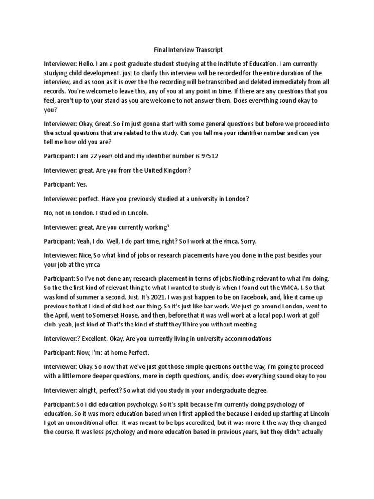 Final Interview Transcript Pdf Psychology Postgraduate Education 