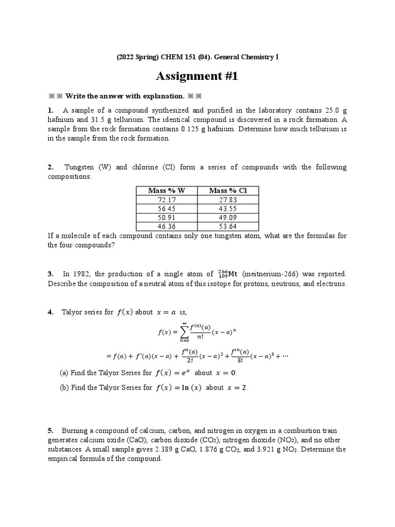 Assignment Ch.1-2 | PDF | Chemical Reactions | Chlorine
