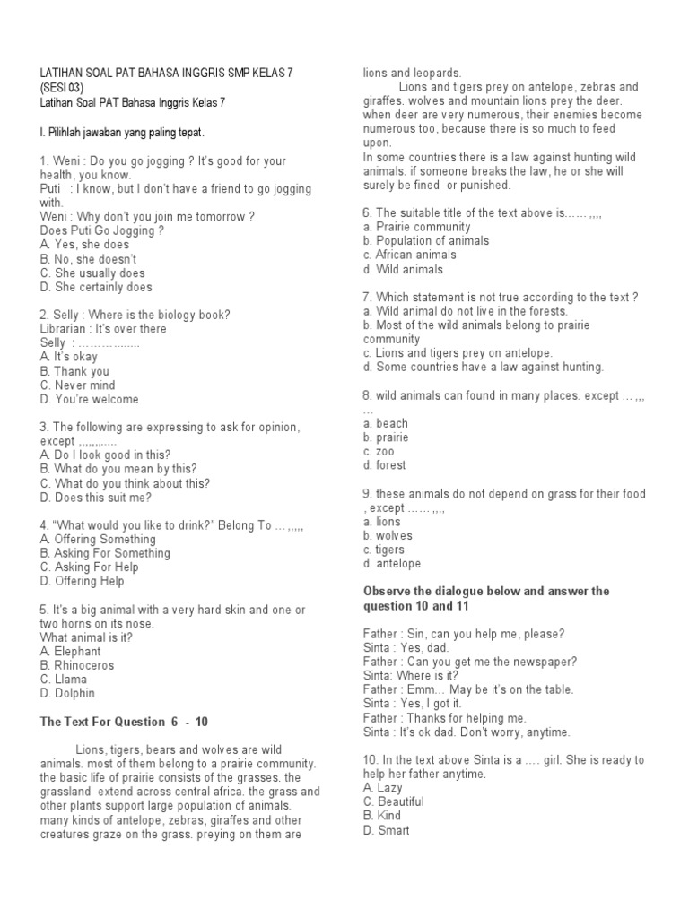 Latihan Soal Pat Bahasa Inggris SMP Kelas 7 | PDF | Lion | Tiger
