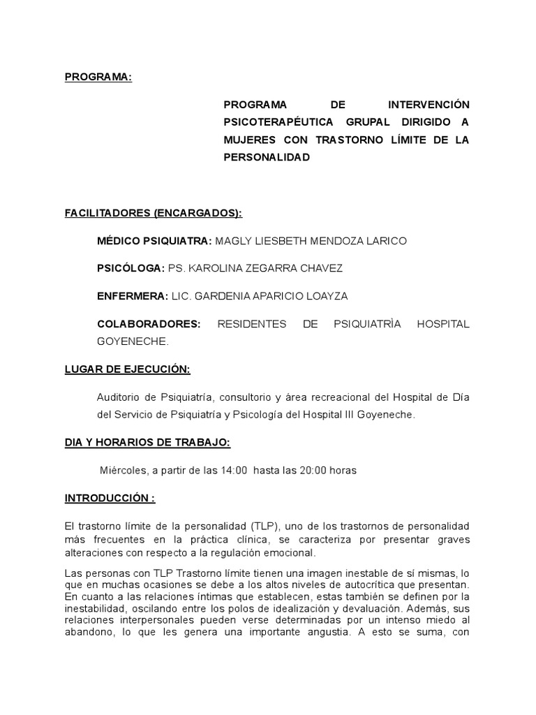 Programa TLP Mujeres PDF | PDF | Trastorno límite de la personalidad | Pensamiento