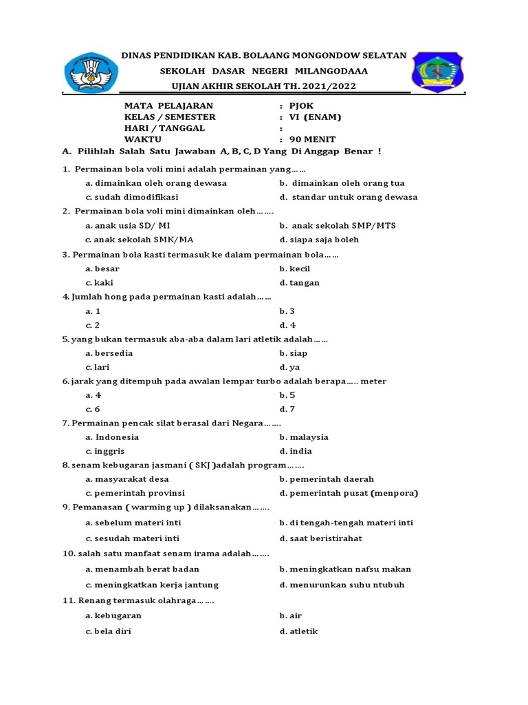 Soal Ujian Sekolah Kelas Vi Tahun 2021-2022 | PDF