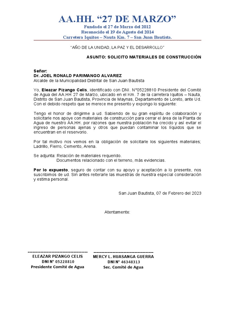 Solicitud de Materiales de Construcción | PDF