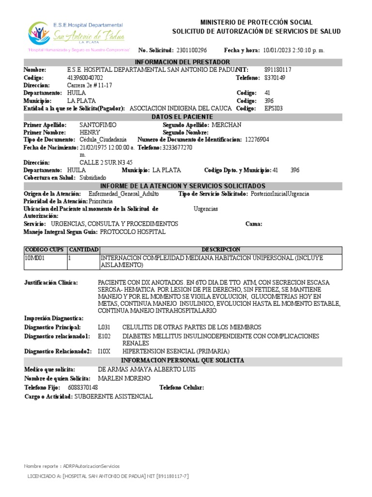 Anexo 03 de Solicitud de Estancia Hospitalaria de Henry Santofimio Merchan CC-12276904 PDF | PDF ...