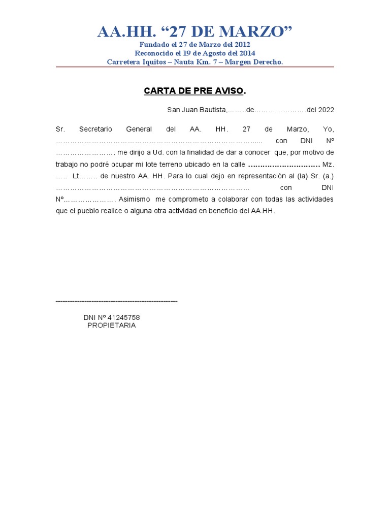 Carta De Pre Aviso 1 PDF