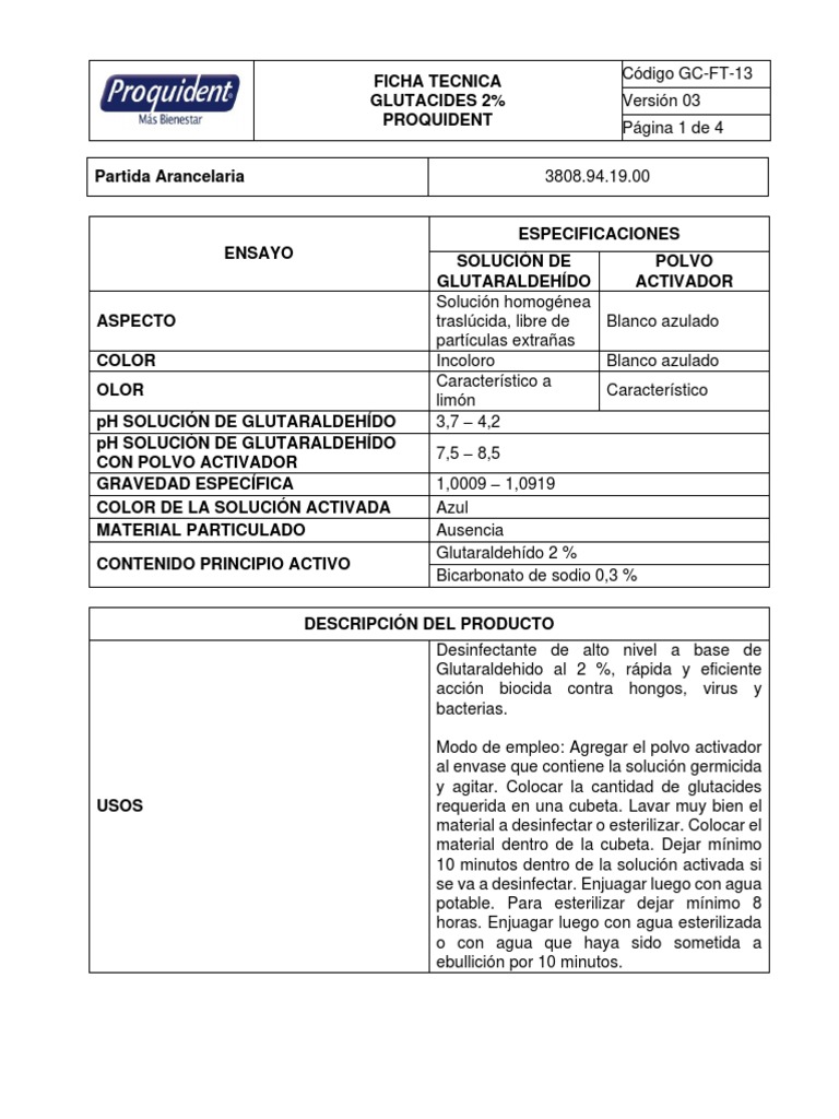 Ficha Técnica Glutaraldehído 2% | PDF | Agua | Esterilización ...