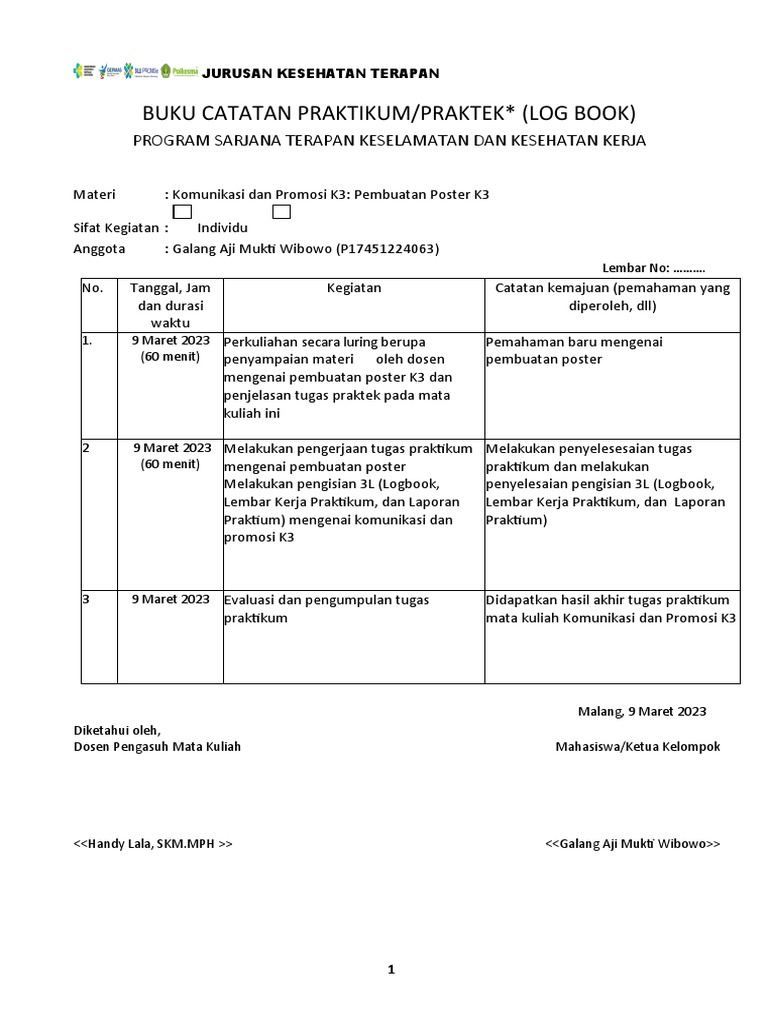 Logbook Poster - Galang Aji - 1B - K3 - P17451224063 | PDF