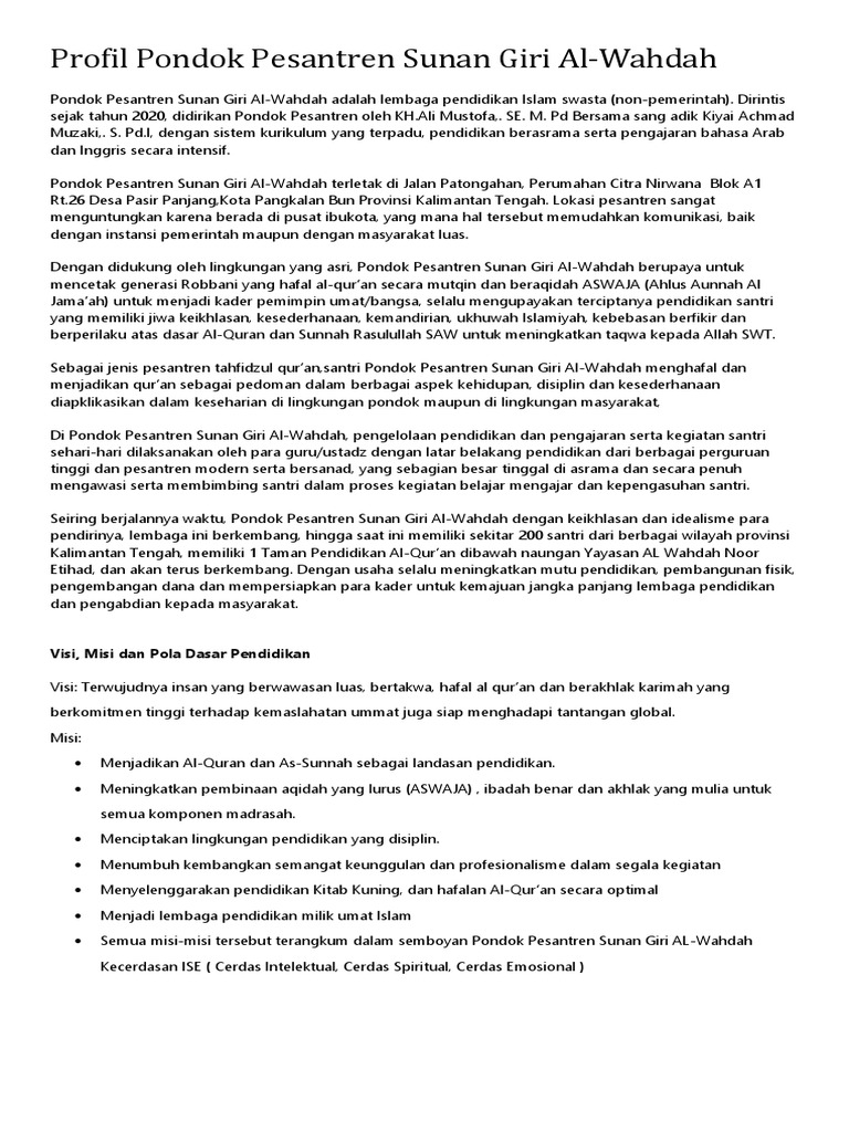 Contoh Profil Ponpes Sunan Giri Awahdah | PDF