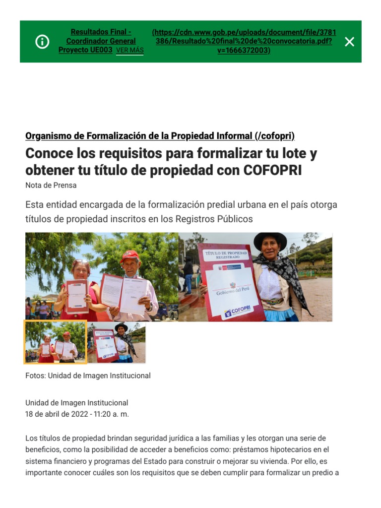 Conoce Los Requisitos para Formalizar Tu Lote y Obtener Tu Título de Propiedad Con COFOPRI | PDF