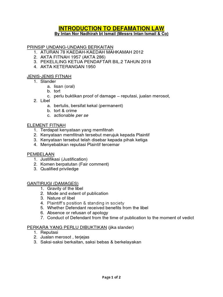 Introduction To Defamation | PDF