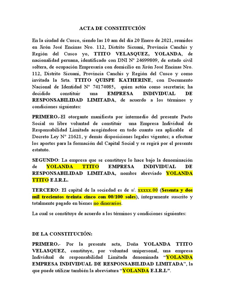 Acta de Constitución Yolanda Ttito Eirl | PDF | Auditoría | Contabilidad