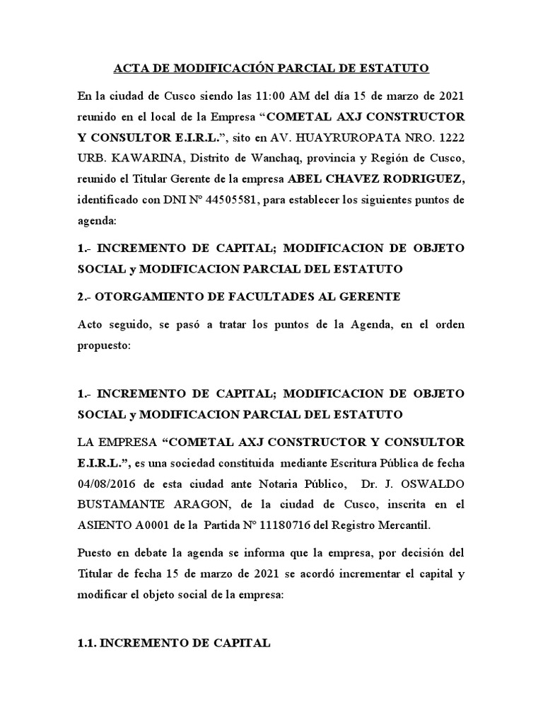 Modificación Estatuto Cometal AXJ E.I.R.L. | PDF | Turismo | Transporte