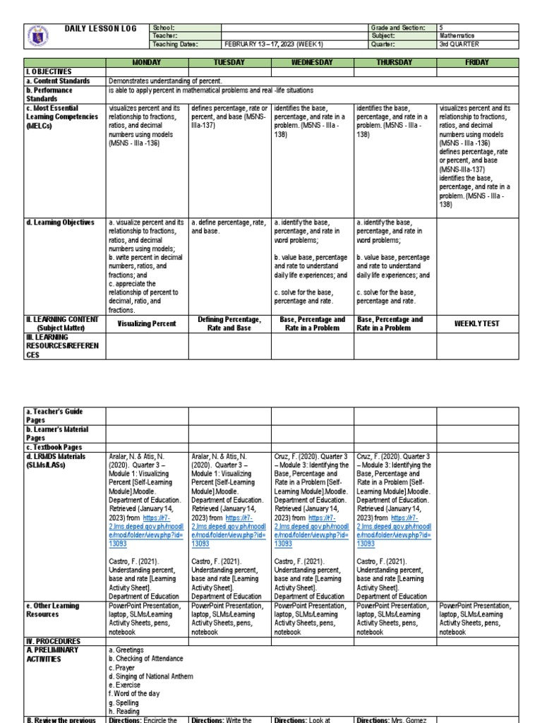 DLL G5 Math Q3 W1 PDF | PDF | Percentage | Division (Mathematics)