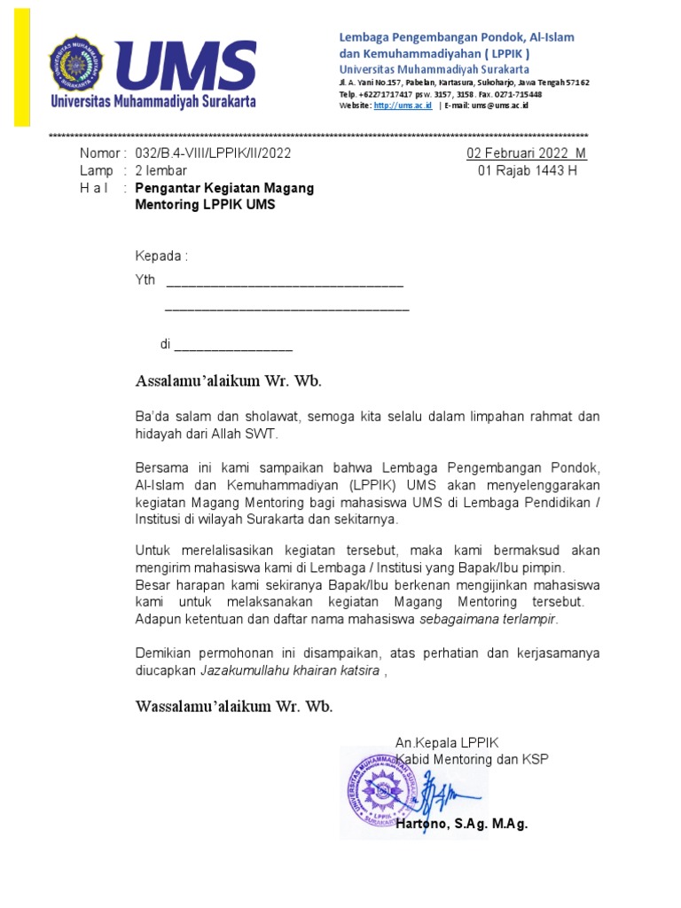 Surat Pengantar Magang Mentoring | PDF