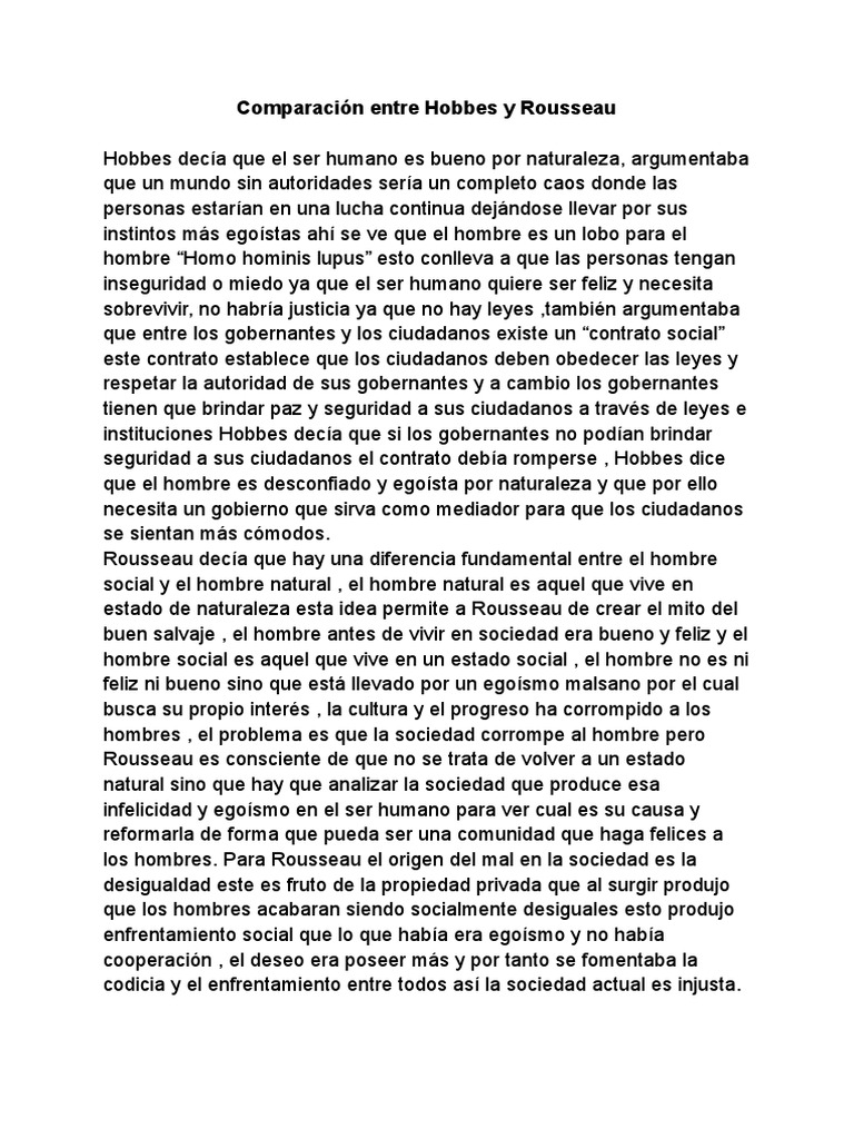 Comparación Entre Hobbes y Rousseau PDF | PDF | Jean-Jacques Rousseau ...