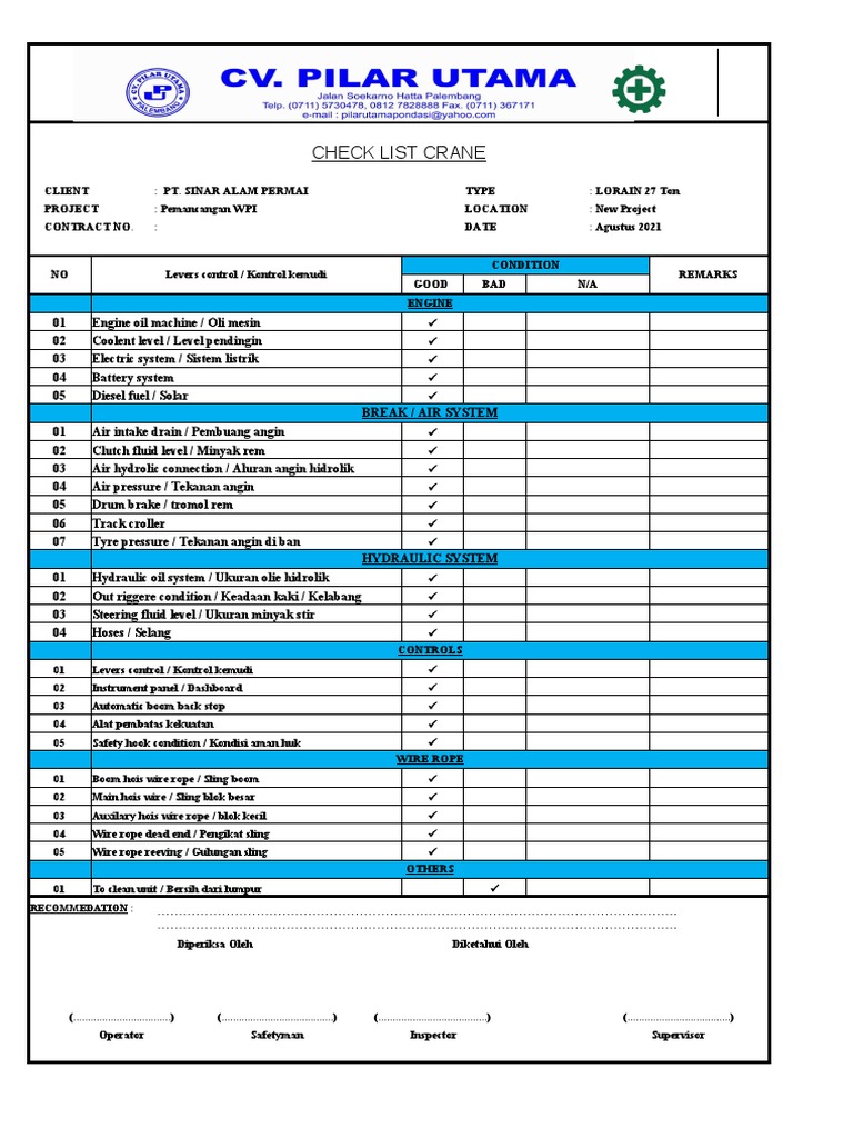 Form Inspeksi Mobil Crane | PDF | Kendaraan Bermotor | Teknologi Kendaraan
