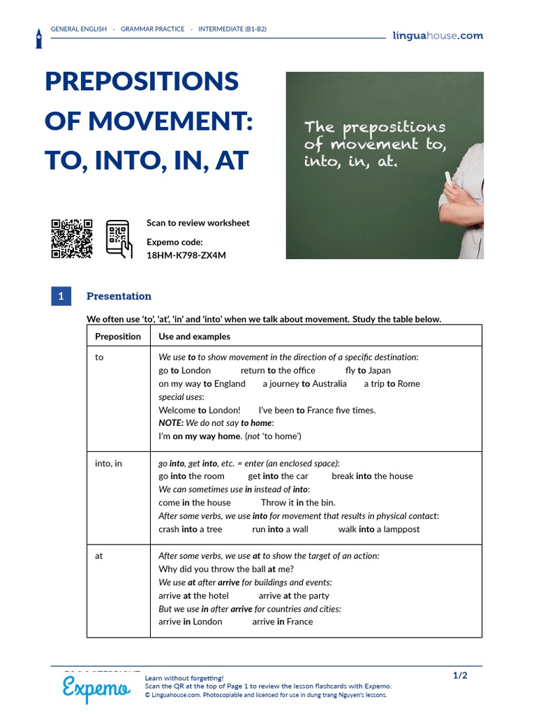 Prepositions of Movement To Into in at British English Teacher Ver2 PDF ...