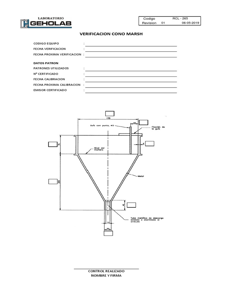 Registro de verificación y calibración del cono Marsh para medir la ...