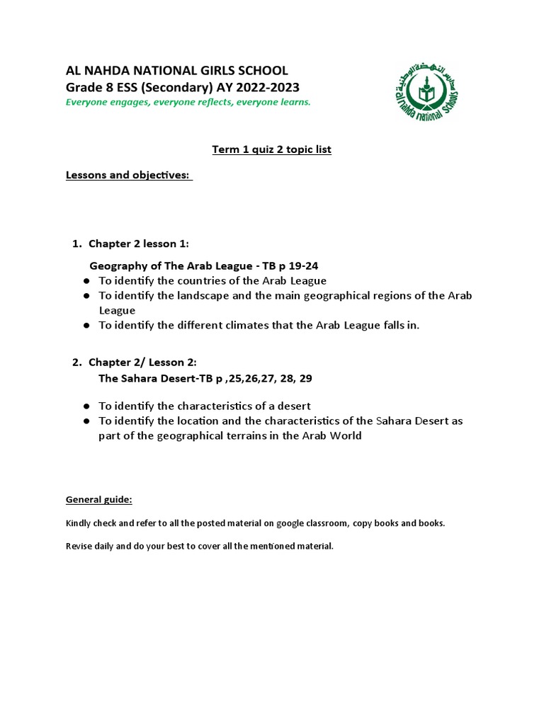 Grade 8 Term 1 ESS Quiz 2 Topic List | PDF