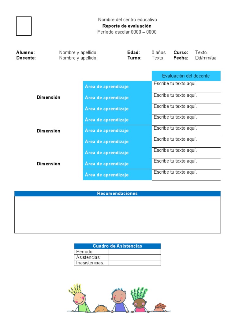 Formato de Reporte de Evaluacion Preescolar en Word | PDF